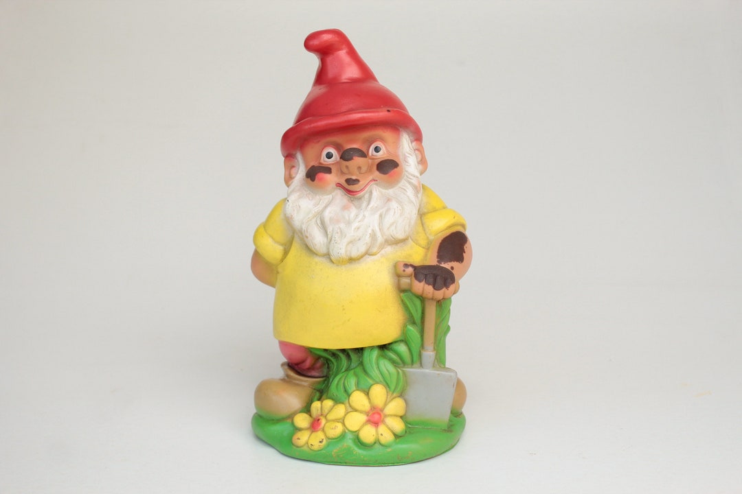 Funny Vintage Garden Gnome With Spade, Flowers, Garden Figure, Garden ...