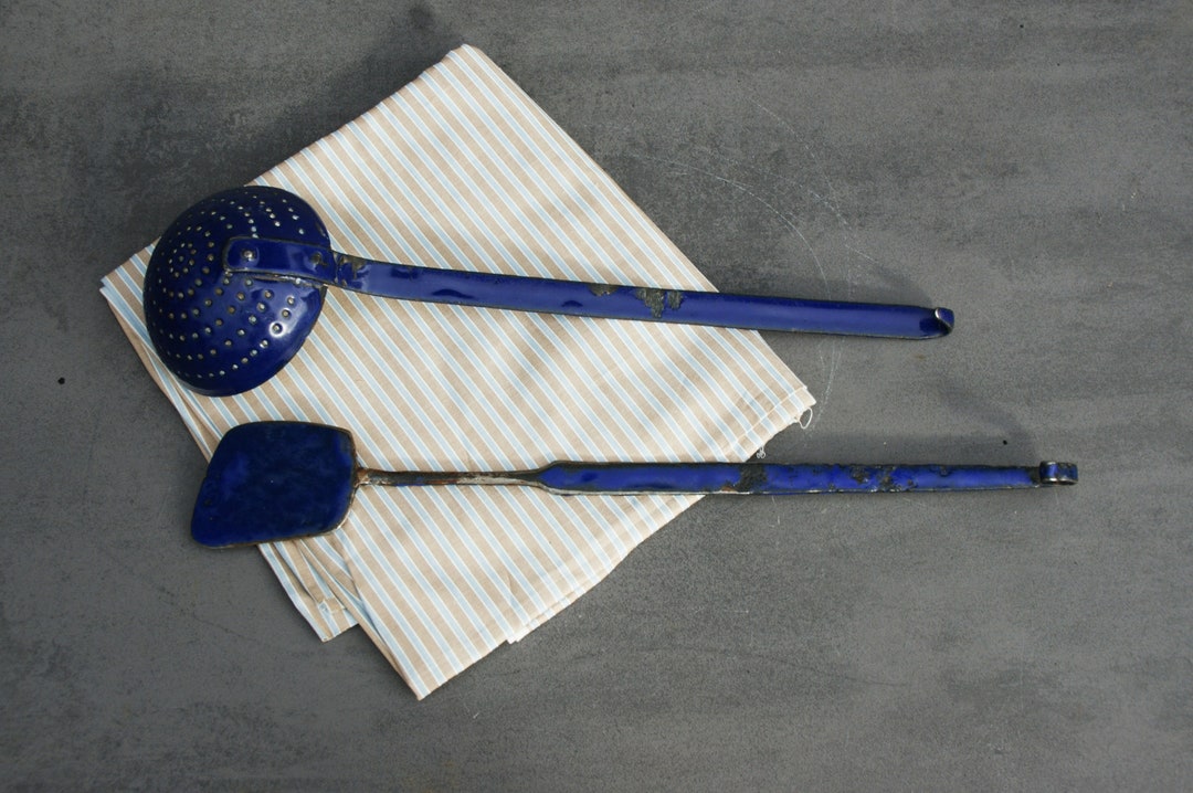 Set Antique Enamel Cutlery Blue, Foam Spoon, Pan Turner, Kitchen ...