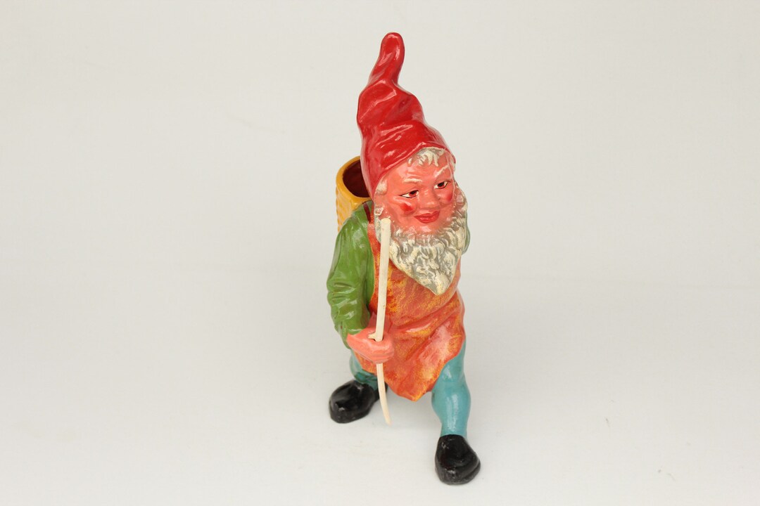 Antique Heissner Garden Gnome With Basket and Walking Stick, Ceramic ...