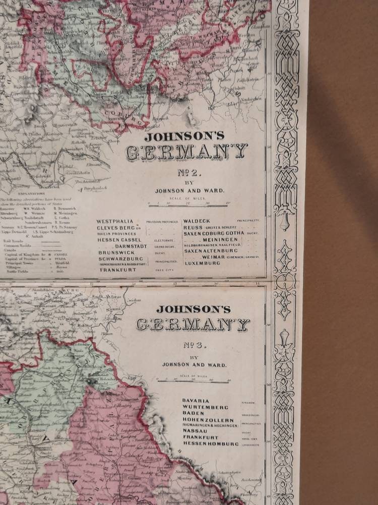Antique Johnson's Map of Germany 1863 Engraved, Hand Colored Civil War ...