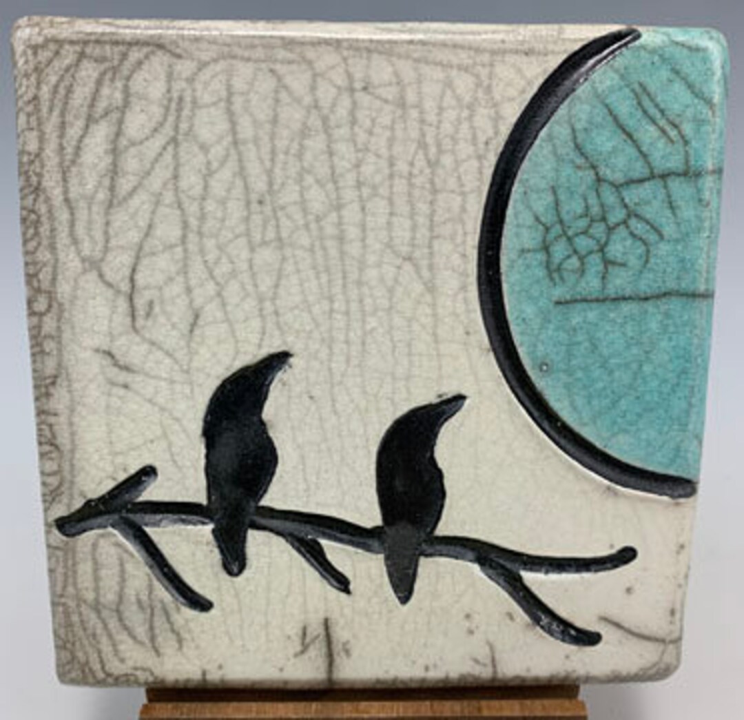 Raku Tile Full Moon Tile Raven Tile Bird and Tree Tile - Etsy