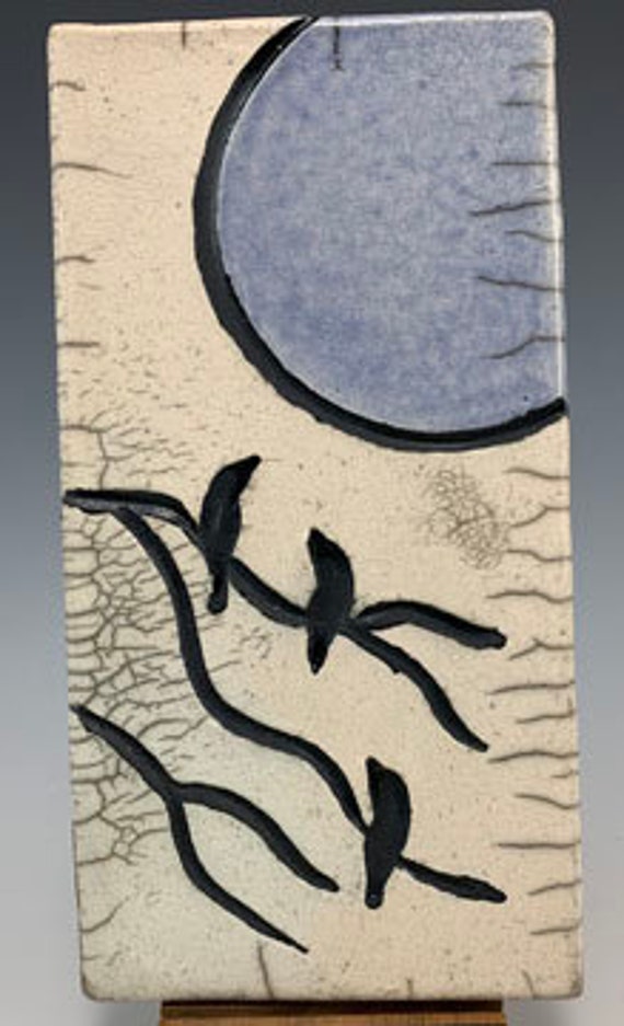 Raku Tile Full Moon Tile Raven Tile Bird and Tree Tile - Etsy