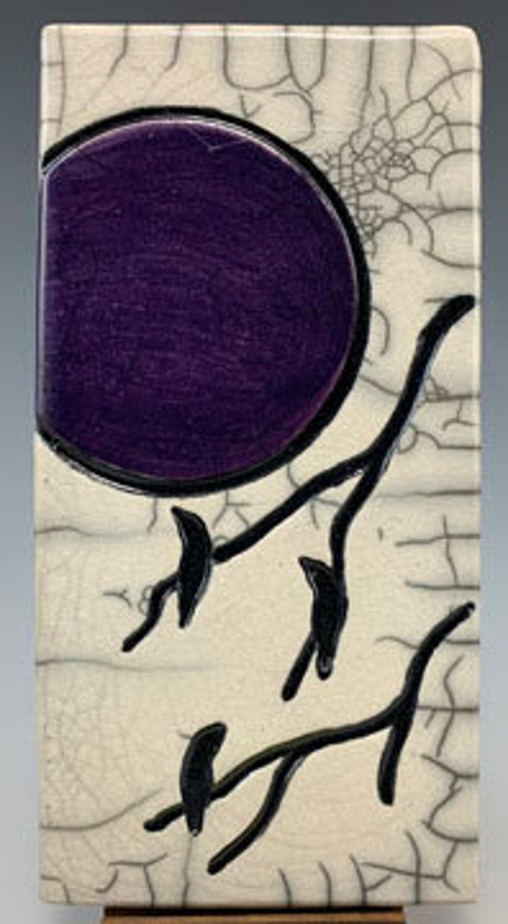 Raku Tile Full Moon Tile Raven Tile Bird and Tree Tile | Etsy