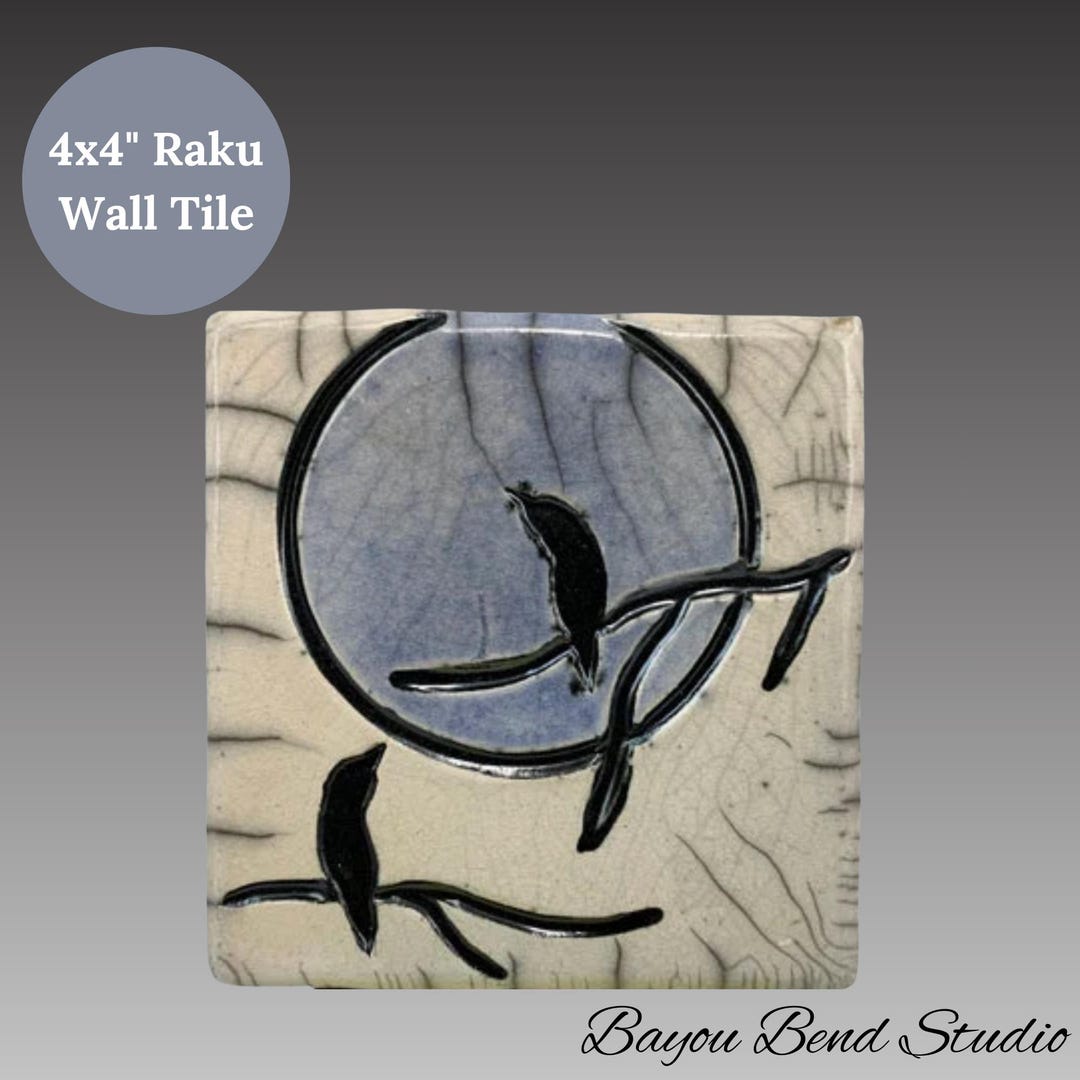 Raku Asian Inspired Decorative Wall Tile, Bird Tree Nature Inspired ...