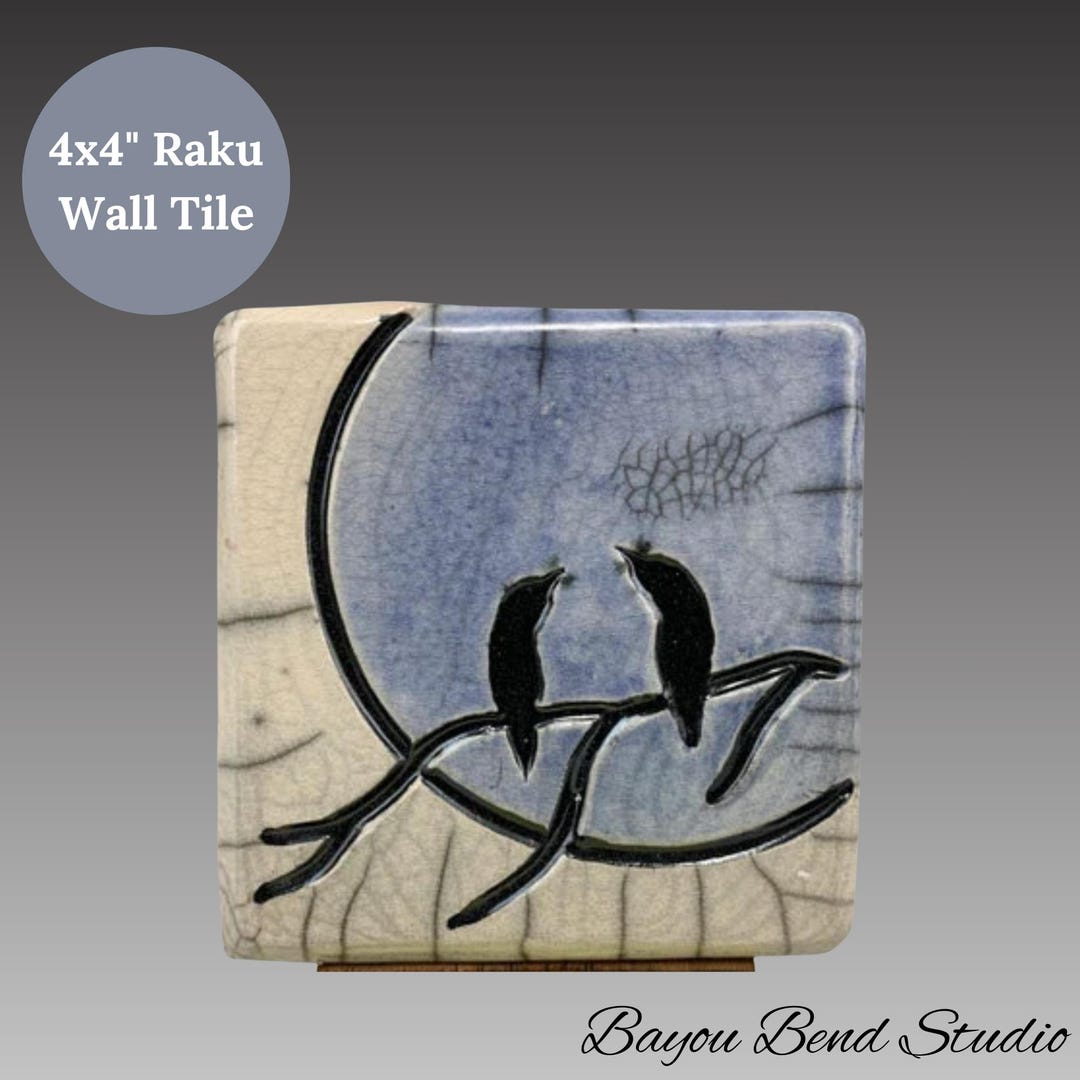 Raku Asian Inspired Decorative Wall Tile, Bird Tree Nature Inspired ...