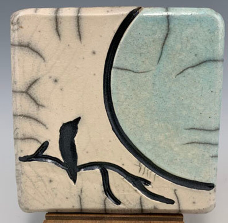 Raku Tile Full Moon Tile Raven Tile Bird and Tree Tile - Etsy