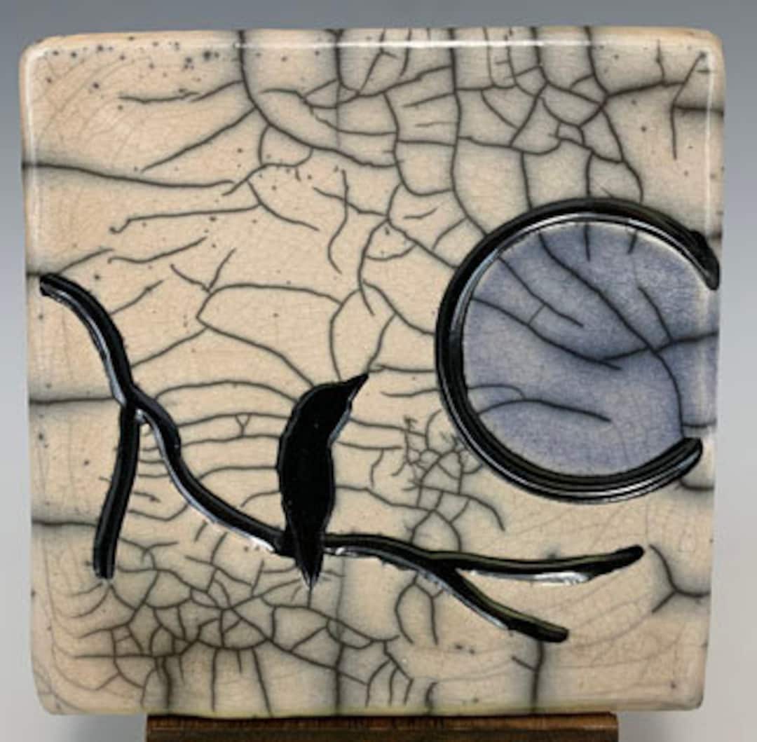 Raku Asian Inspired Decorative Wall Tile, Bird Tree Nature Inspired ...