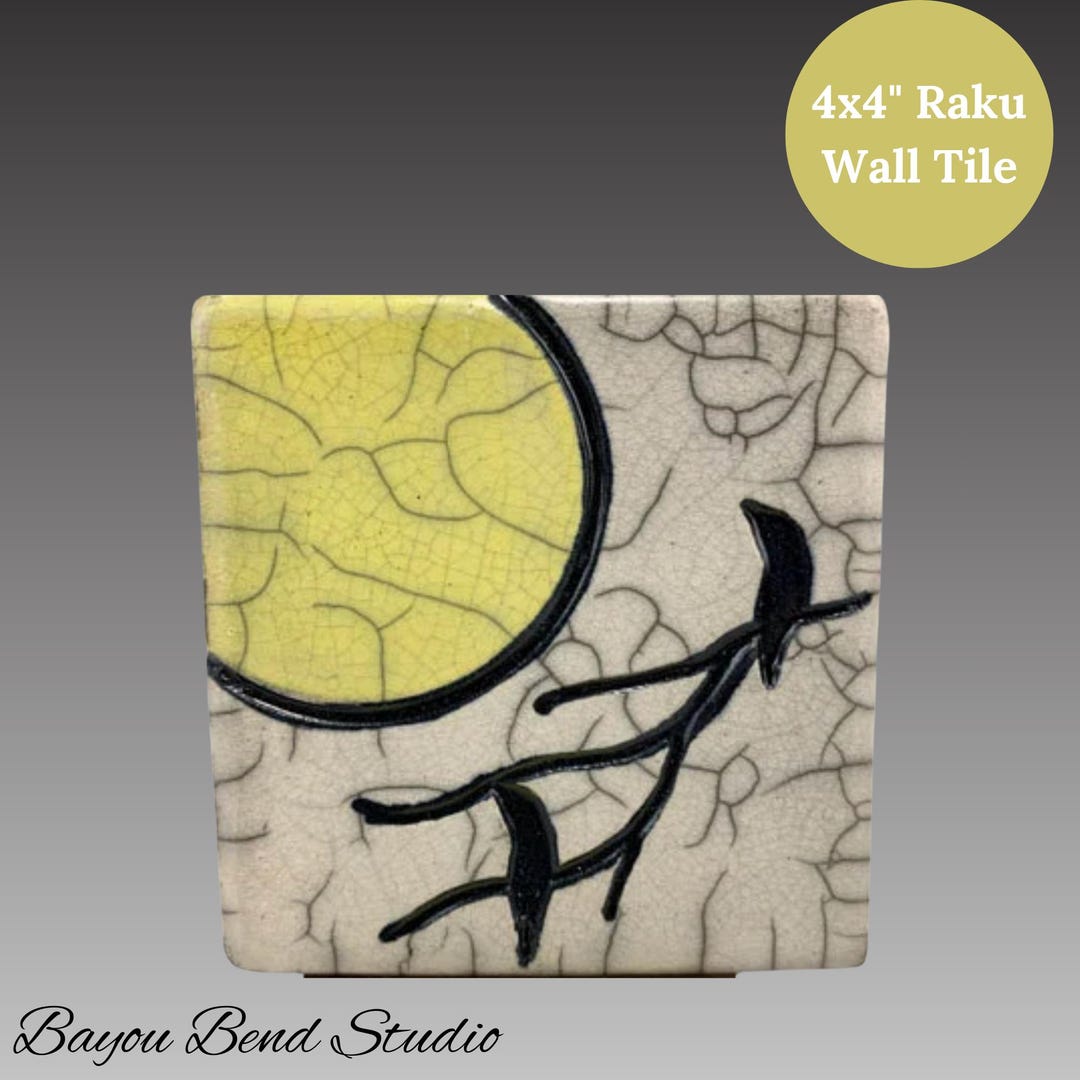 Raku Asian Inspired Decorative Wall Tile, Bird Tree Nature Inspired ...