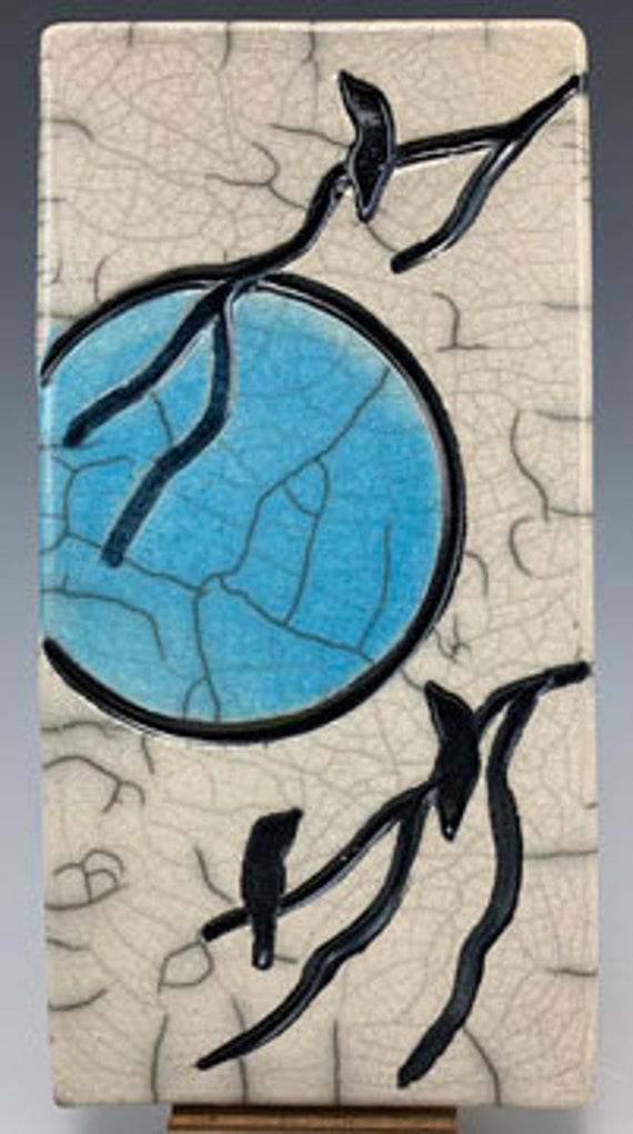 Raku Tile Full Moon Tile Raven Tile Bird and Tree Tile - Etsy