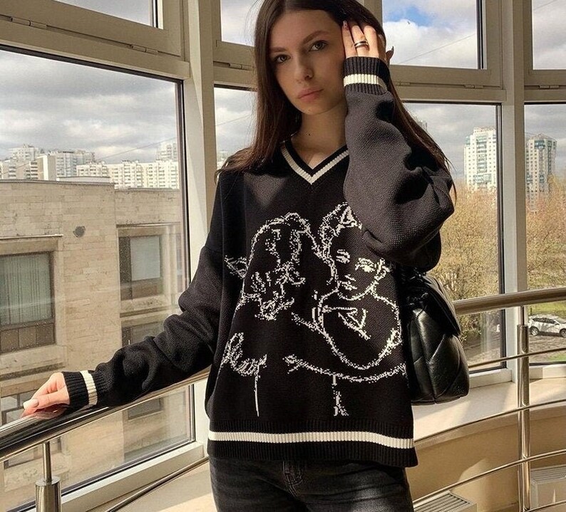 Y2K Baby Angels Printed Oversize Long Sleeve V-neck Loose | Etsy