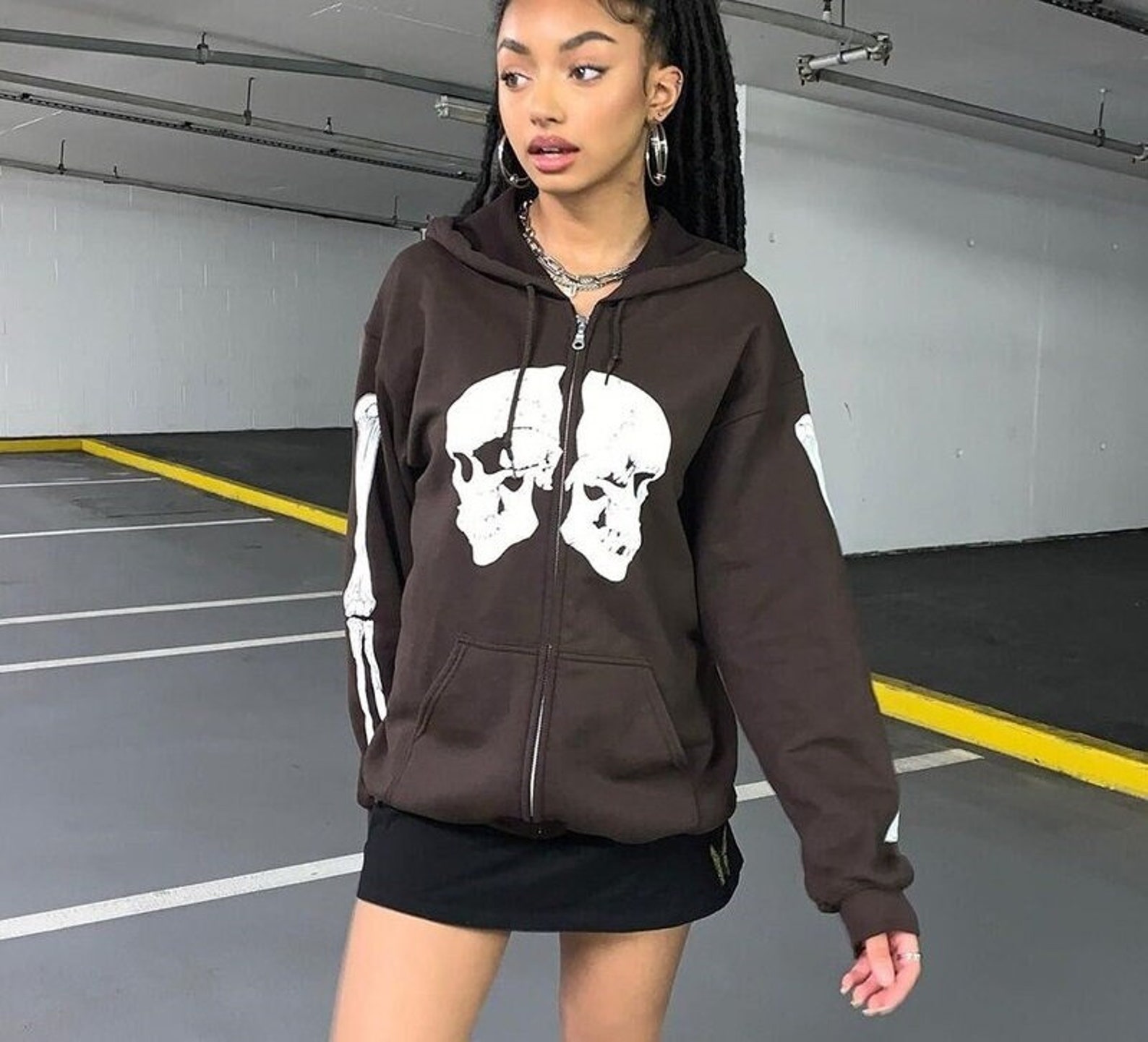 Y2K Skull & Skeleton Print Designed Long Sleeve Hooded | Etsy