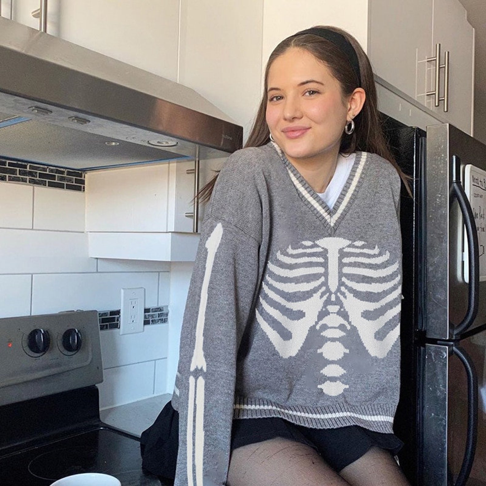 Y2K Bone & Skeleton Printed Oversize Long Sleeve V-neck - Etsy