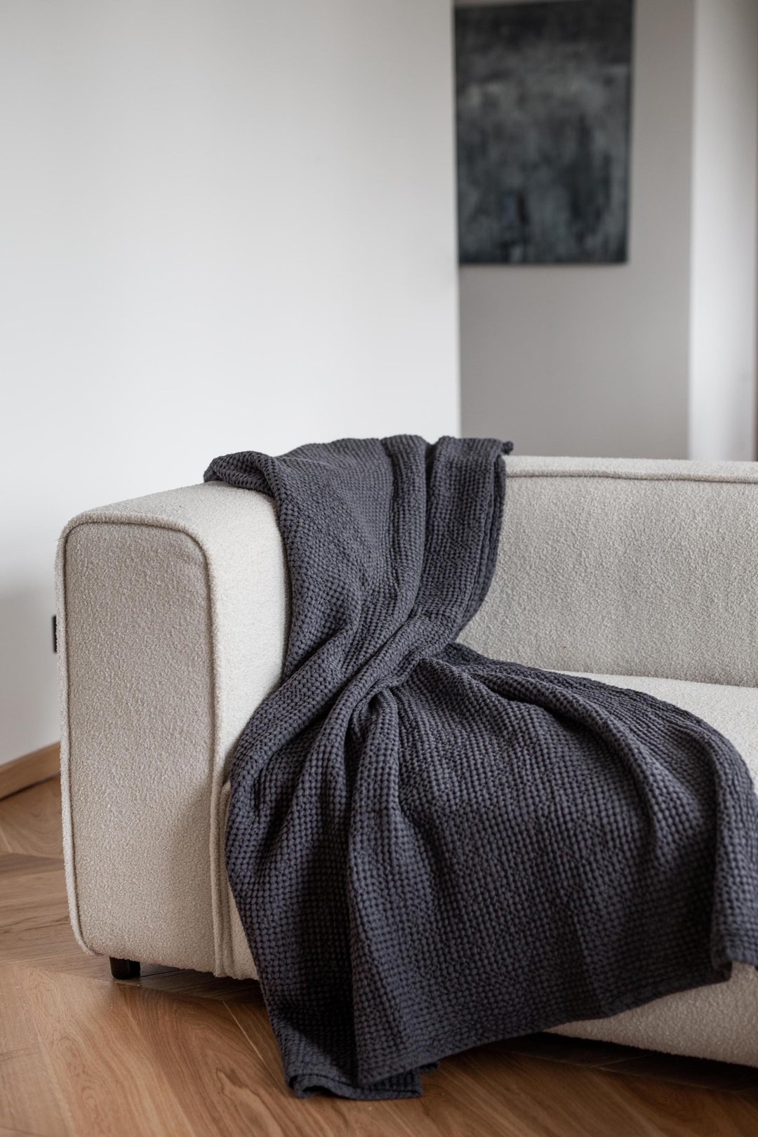 Linen Waffle Blanket in Charcoal. Dark Waffle Sofa Cover. Linen Waffle ...