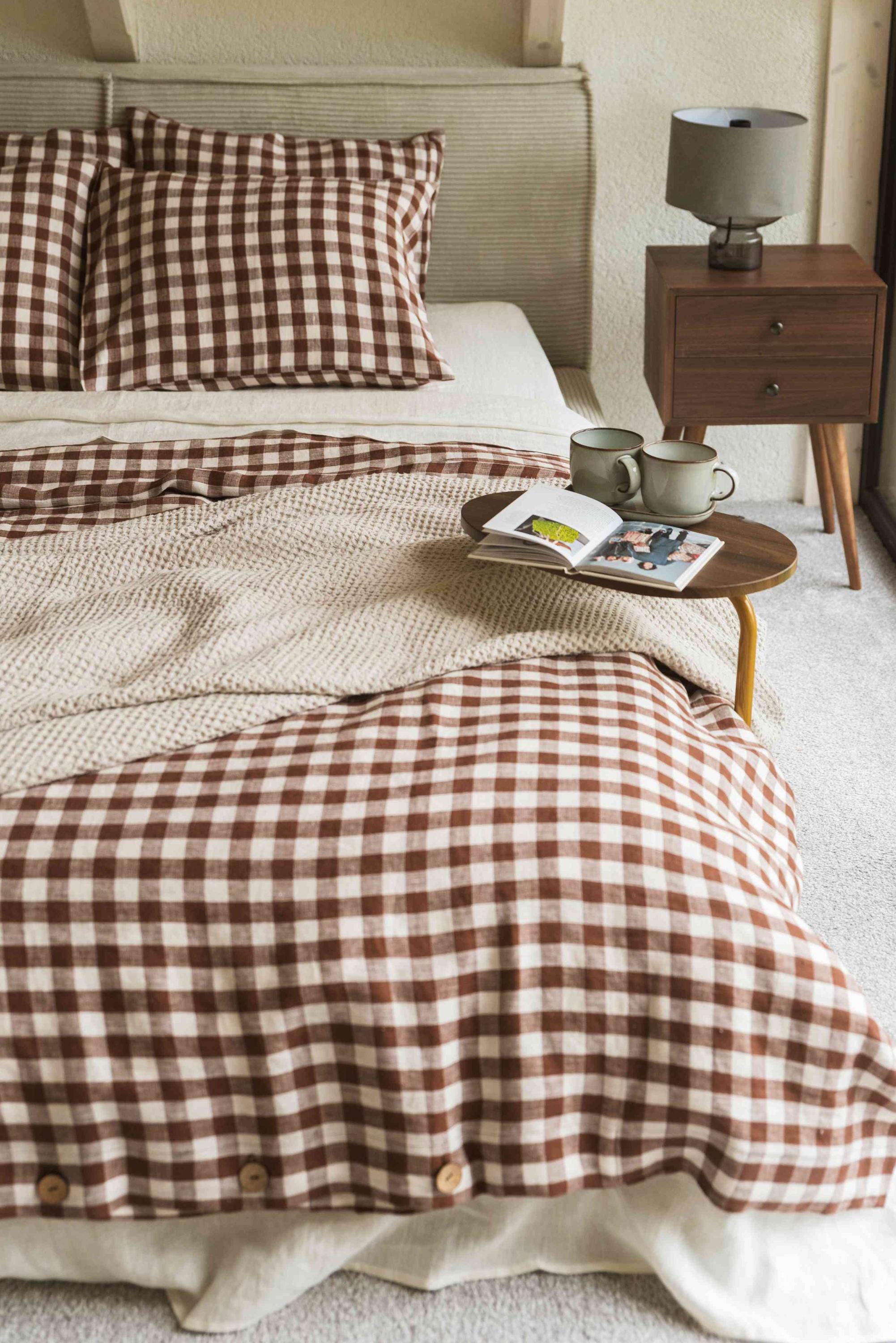 Mocha Gingham Linen Sheets Set. Minimalist Linen Bedding - Etsy