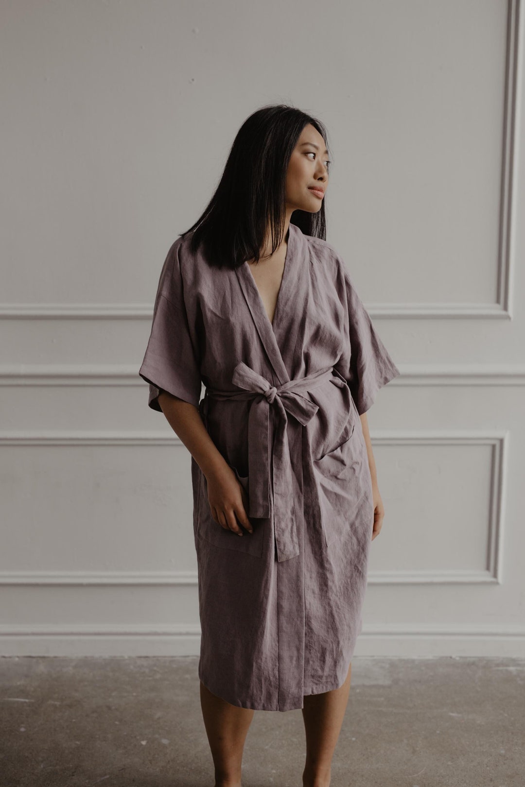 MIDNIGHT Linen Bathrobe in DUSTY LAVENDER. Linen Robe - Etsy