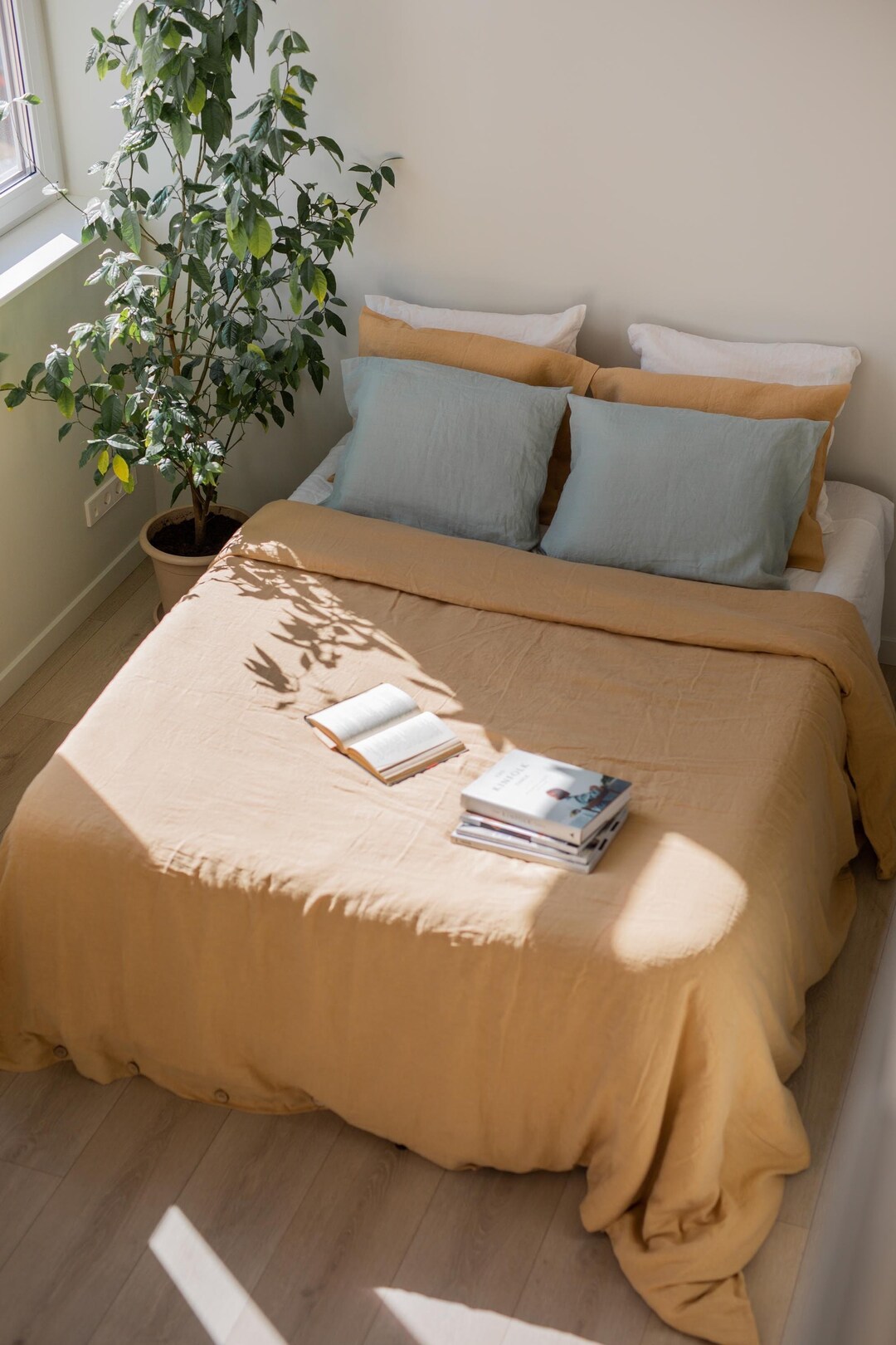 Linen Bedding Set in Mustard. Linen Duvet Cover Set Queen. Linen Duvet ...