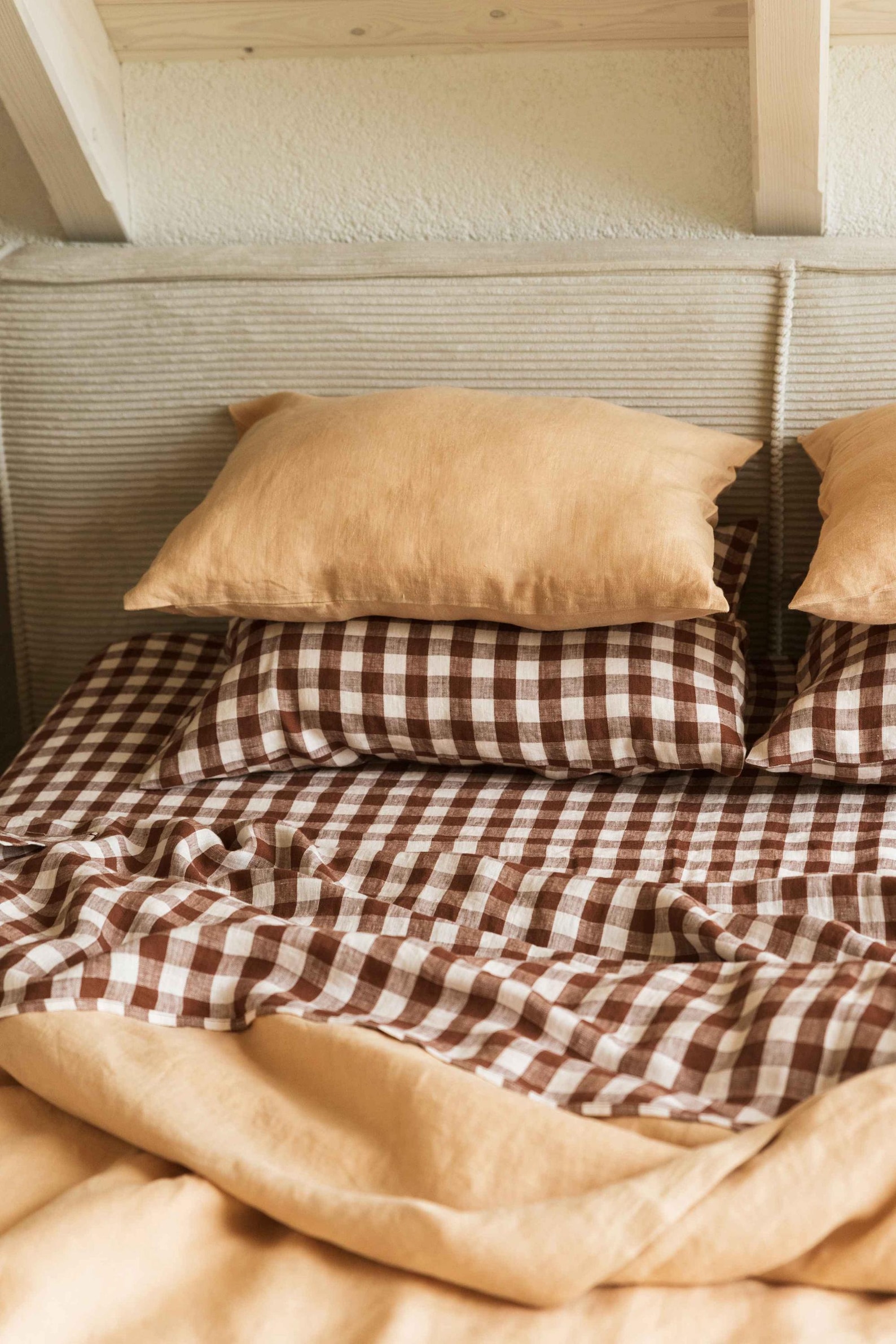 Mocha Gingham Linen Sheets Set. Minimalist Linen Bedding - Etsy