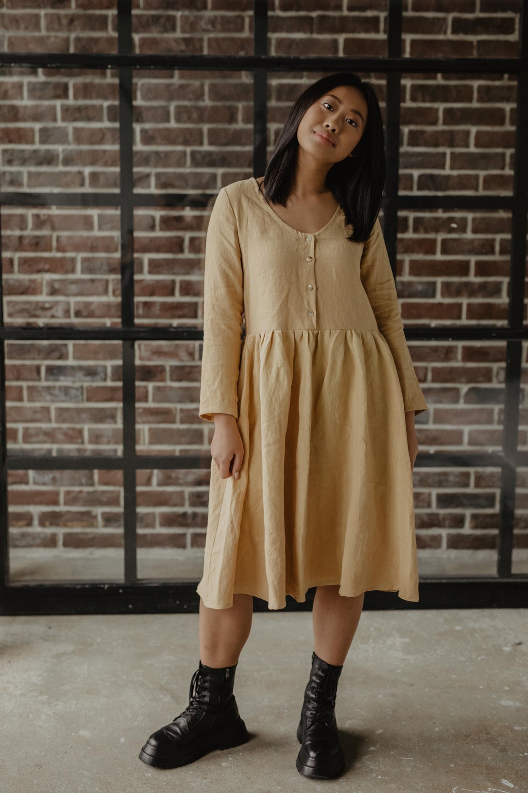 LAPLAND Mid-length Linen Dress in MUSTARD. Summer Linen Dress. Linen ...