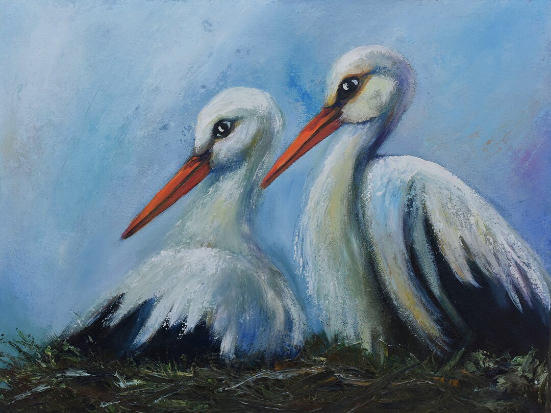 Stork Nest Painting, Stork Painting, White Stork Paintings, Stork With ...