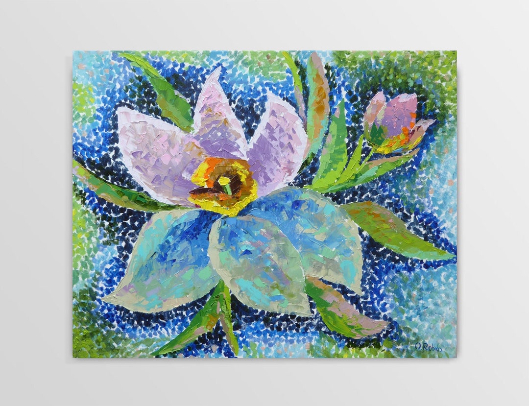 Pointillism Flower Painting, Blue Floral Abstract Art, Textured ...