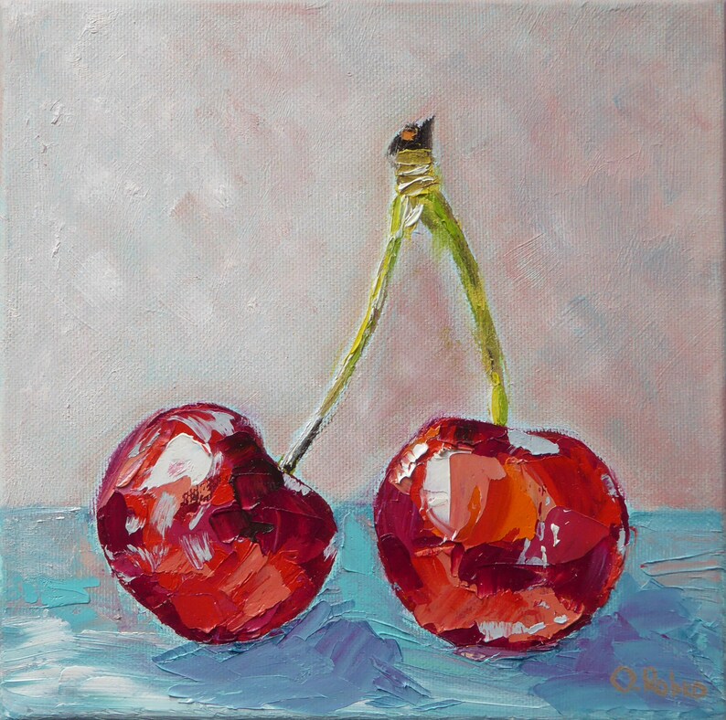 2 Cherries Original Oil Painting, Modern Wall Decor, Fruit Home Decor ...
