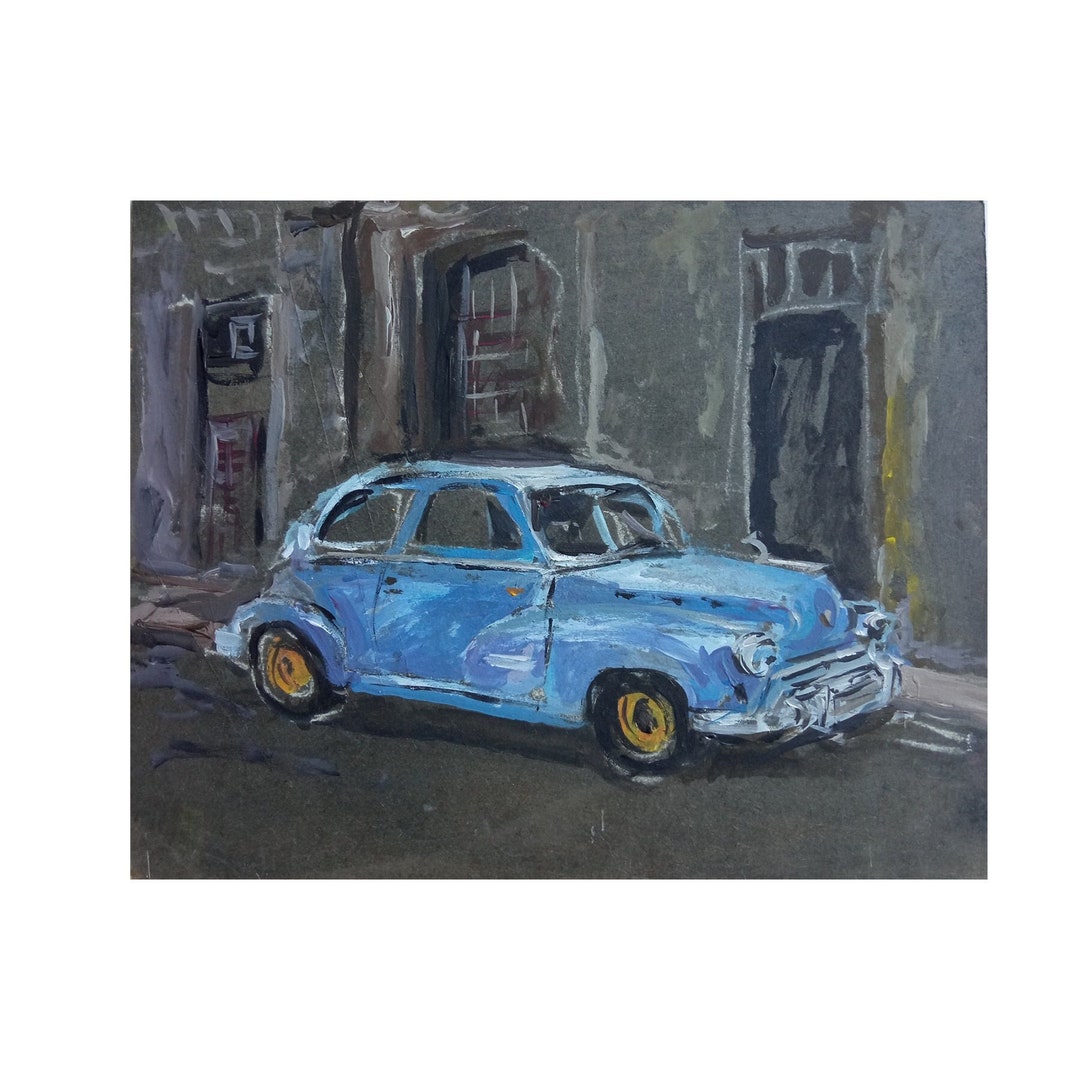 Blue Vintage Car Painting, Retro Vehicle Oil Art, Urban Street Scene ...