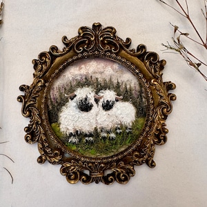 Framed Vintage Tiny Sheep in the Pasture, Two Little Sheep, Original ...