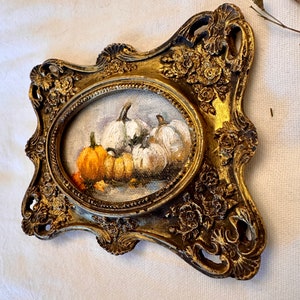 Vintage Pumpkin Oil Painting: Miniature Still Life in Ornate Baroque ...