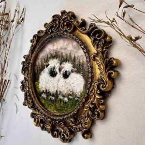 Framed Vintage Tiny Sheep in the Pasture, Two Little Sheep, Original ...