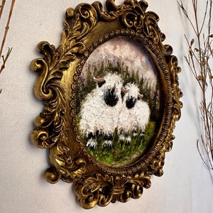 Framed Vintage Tiny Sheep in the Pasture, Two Little Sheep, Original ...