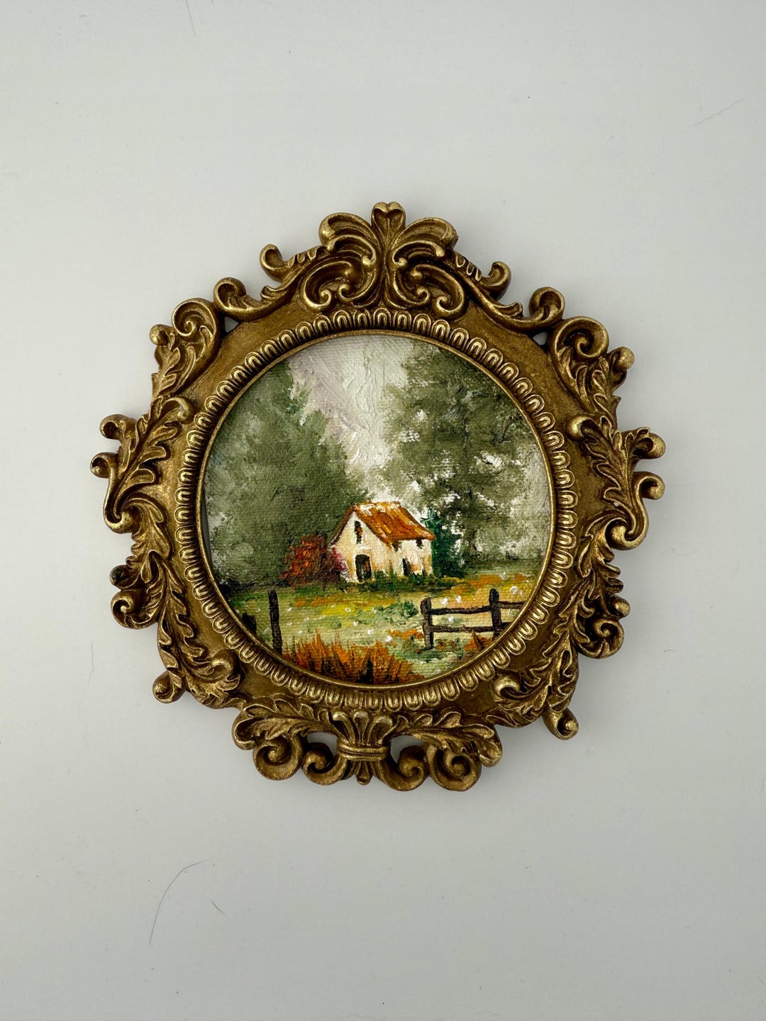 Rustic Oil Painting of Autumn Cottage - Handmade Frame - One-of-a-kind ...