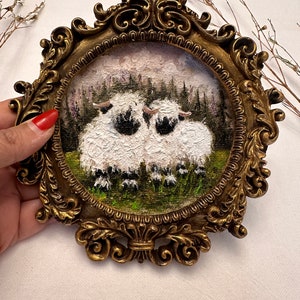 Framed Vintage Tiny Sheep in the Pasture, Two Little Sheep, Original ...