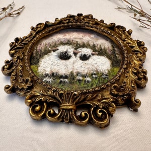 Framed Vintage Tiny Sheep in the Pasture, Two Little Sheep, Original ...