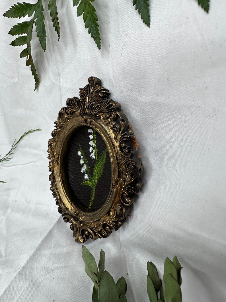 Tiny Oil Painting: Lily of the Valley, Baroque Gold Frame (11cm X 8cm ...