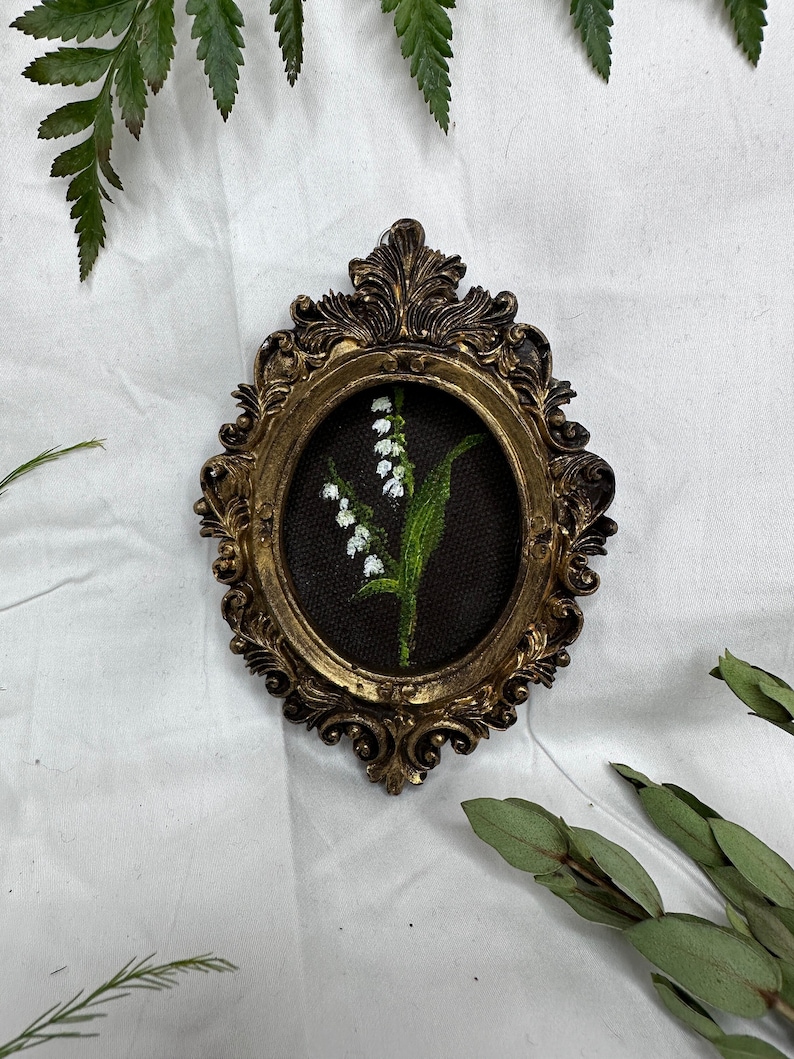Tiny Oil Painting: Lily of the Valley, Baroque Gold Frame (11cm X 8cm ...