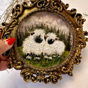 Framed Vintage Tiny Sheep in the Pasture, Two Little Sheep, Original ...
