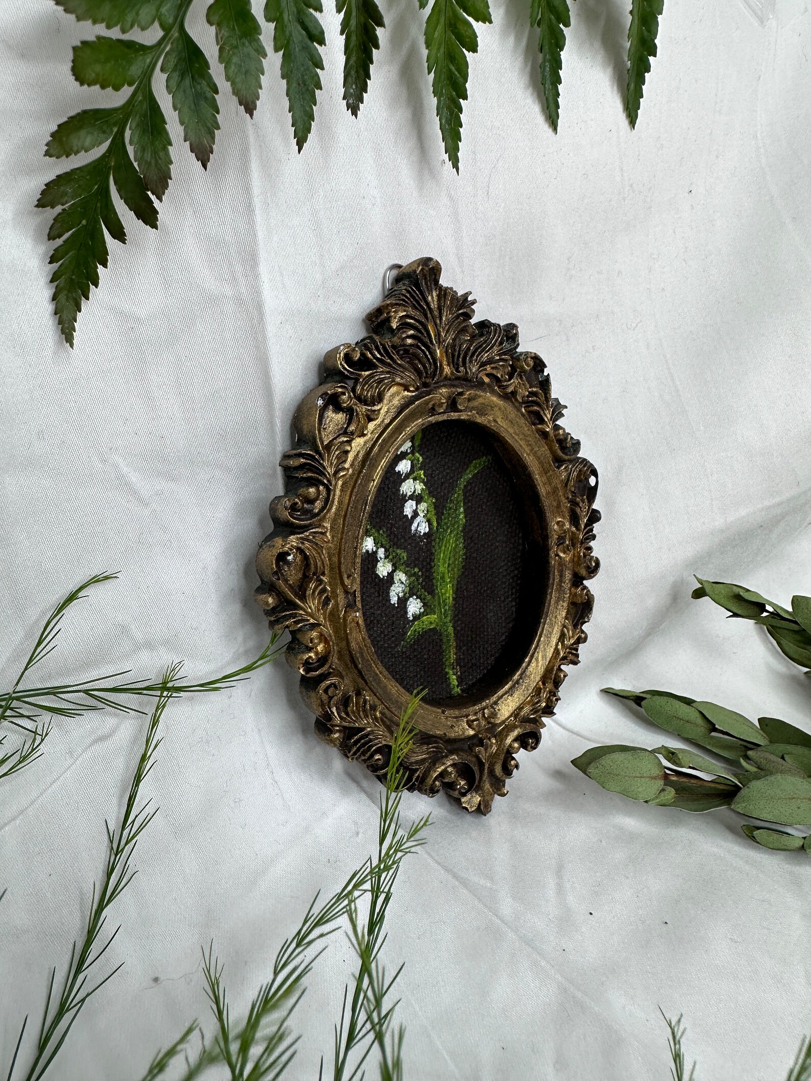Tiny Oil Painting: Lily of the Valley, Baroque Gold Frame (11cm X 8cm ...