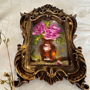 Tiny Oil Painting | Moody Floral Art | Pink Rose Vase | Vintage Oil ...