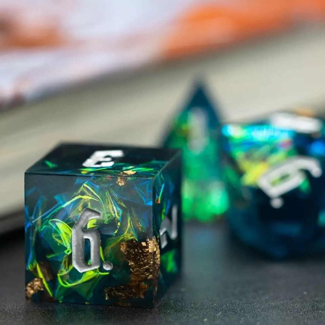 Haunted Spell Sharp Edge Dice Set Transparent Resin Blue Gold Green ...