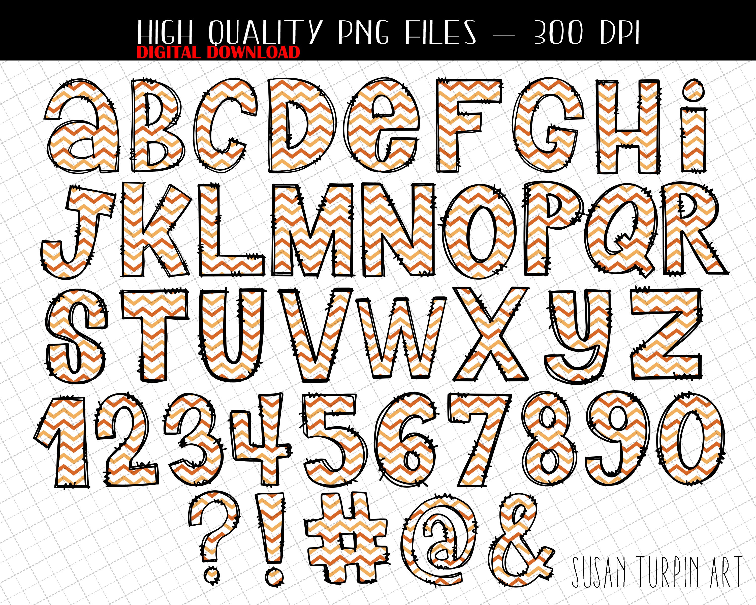 Fall Chevron Alphabet PNG Letters and Numbers, Doodle Handwritten Font ...