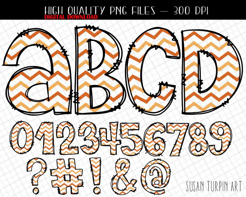 Fall Chevron Alphabet PNG Letters and Numbers, Doodle Handwritten Font ...