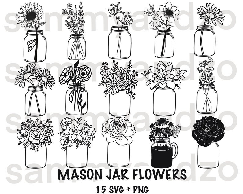 Mason Jar Flowers Svg Bundle| Mason Jar Svg| Flower Svg| Botanical Svg ...