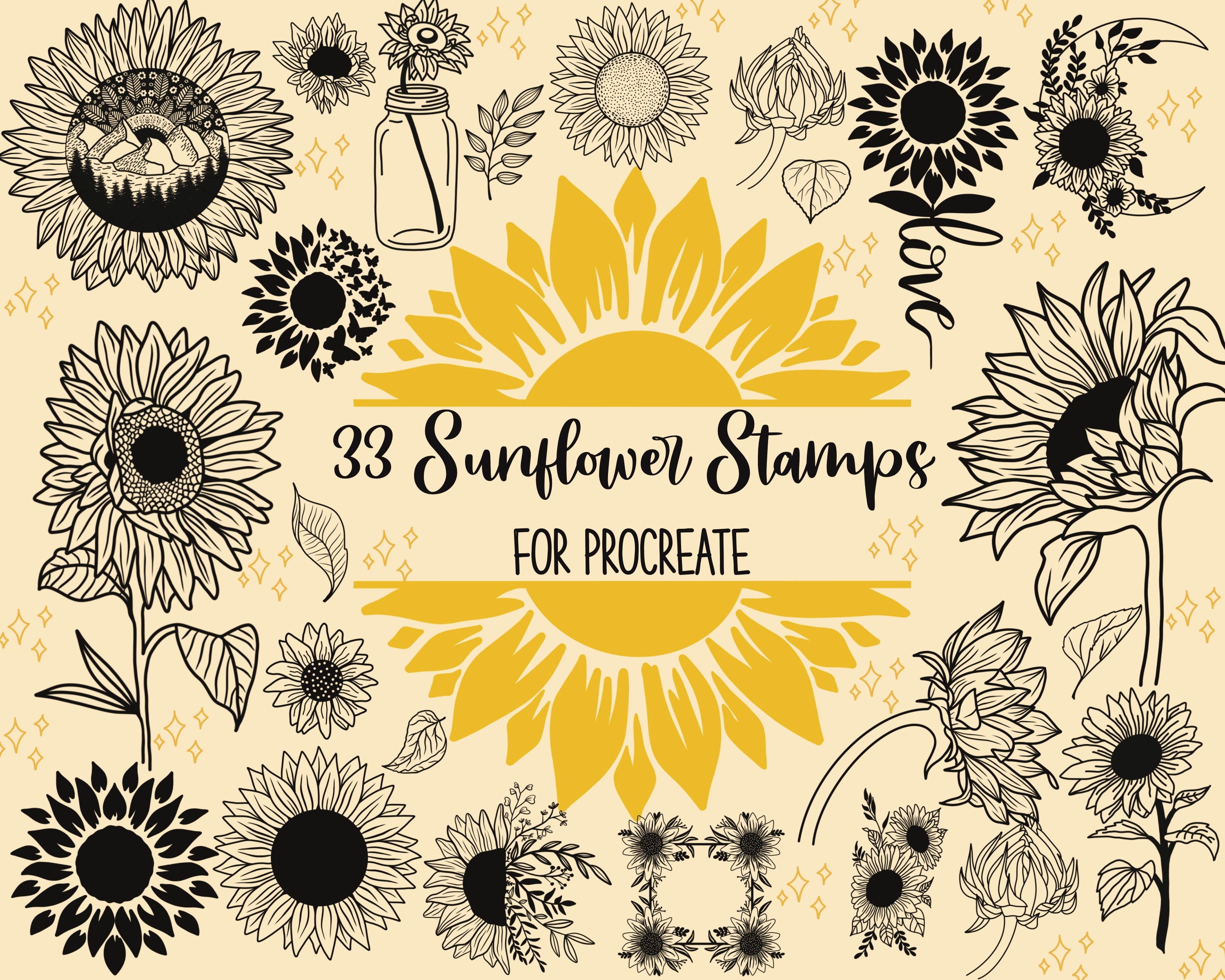 33 sunflower stamps for procreate sunflower stamps sunflower | Etsy