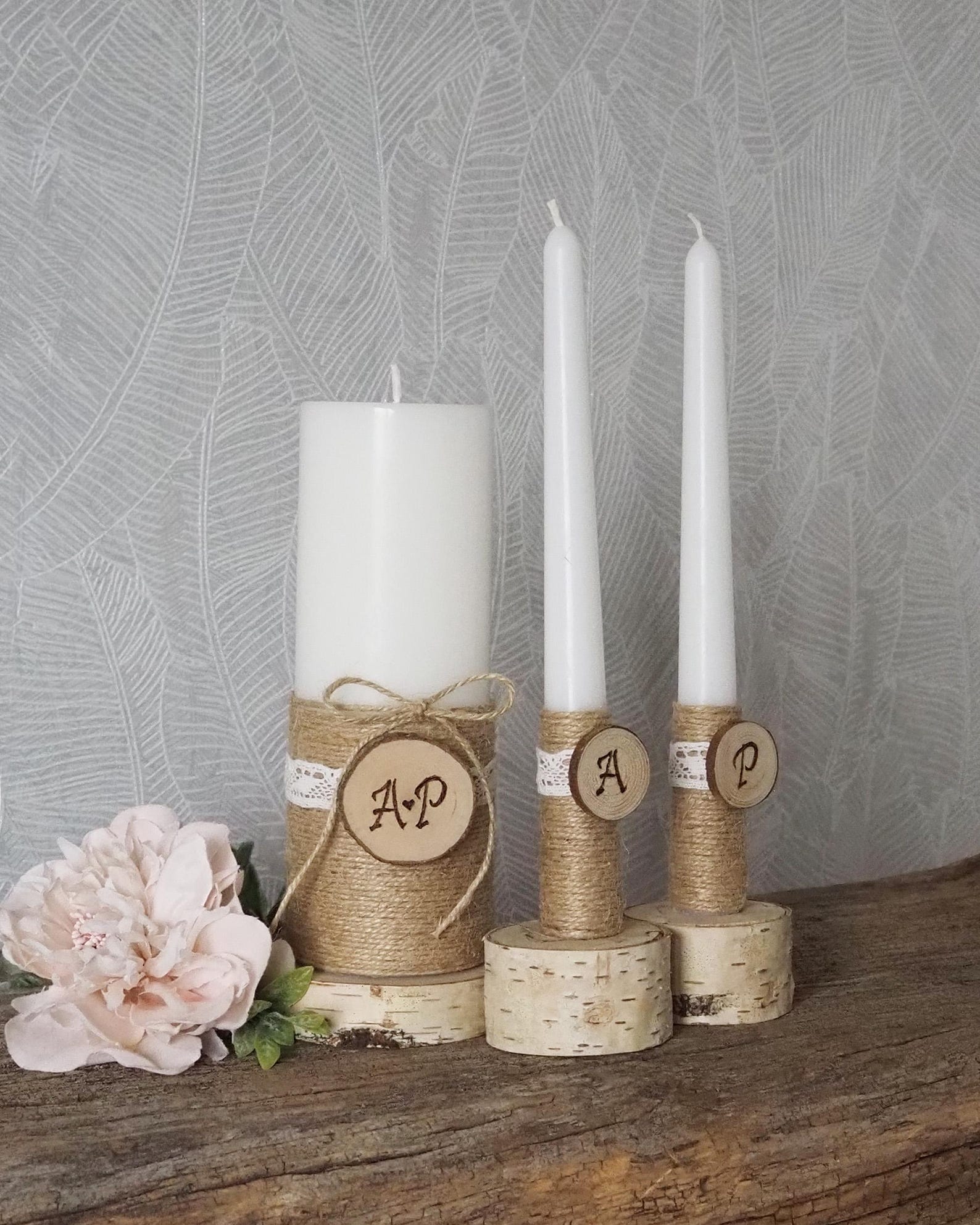 Personalized Rustic Unity Candle Set: Twine & Wood Slice Initials - Etsy