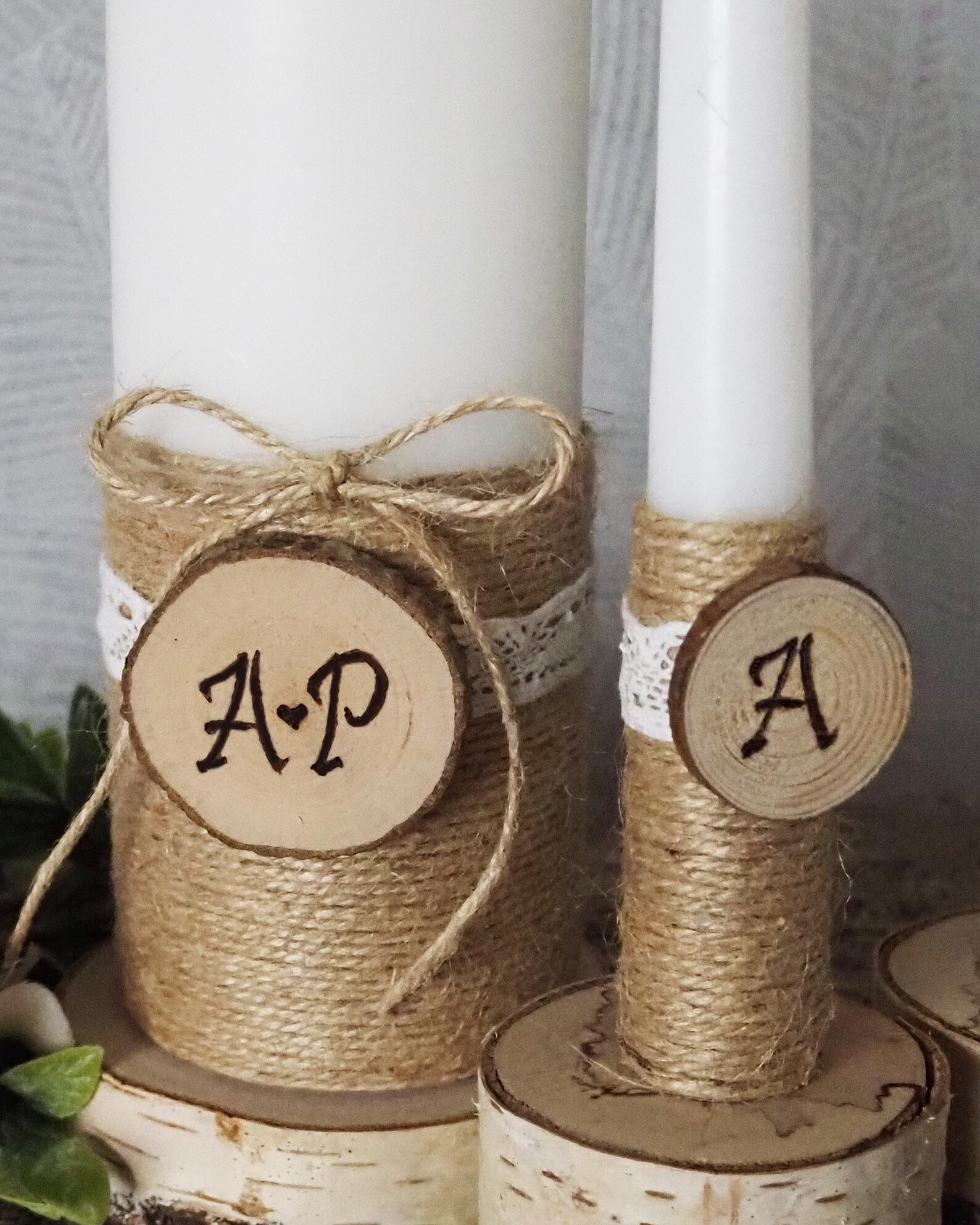 Personalized Rustic Unity Candle Set: Twine & Wood Slice Initials - Etsy