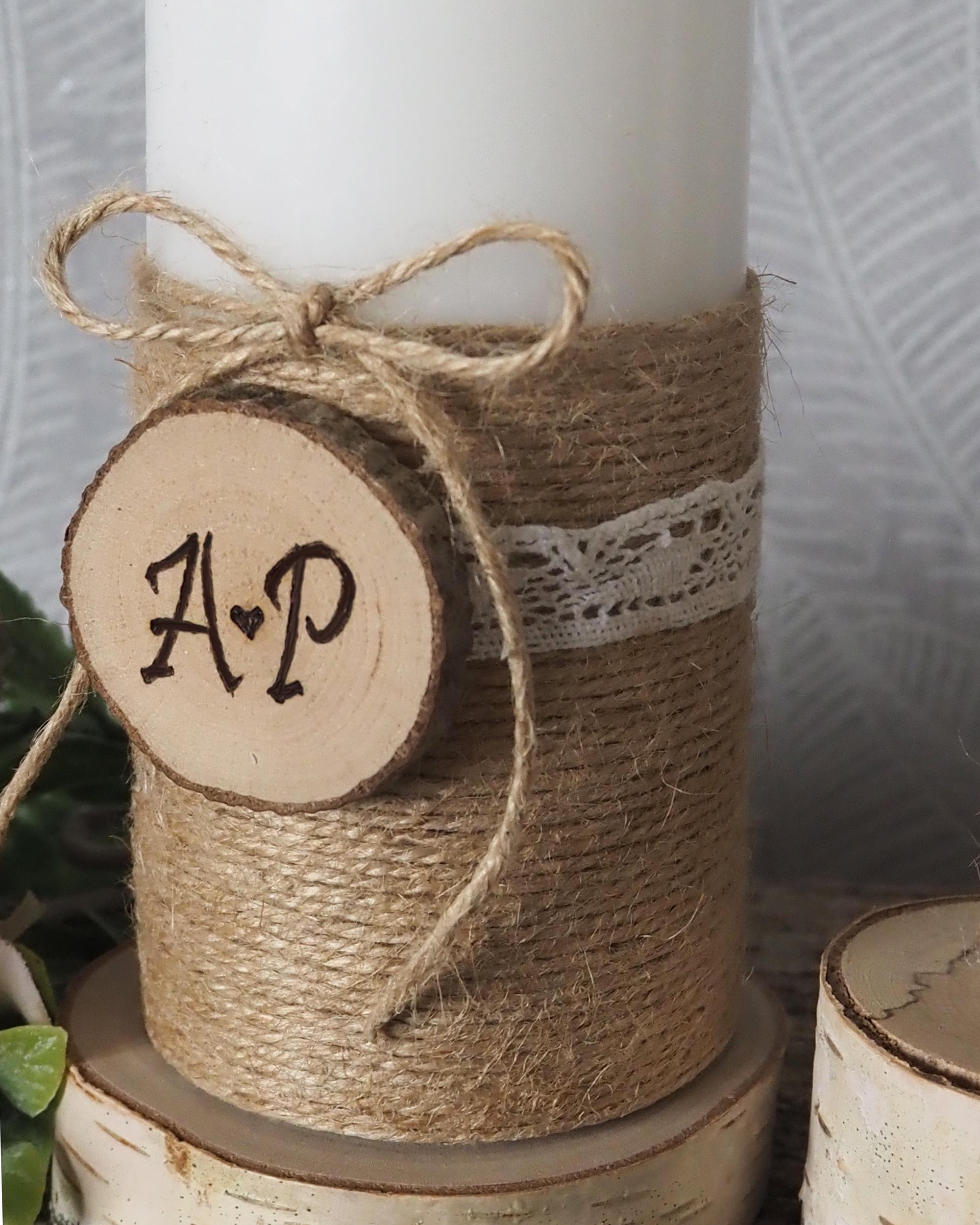 Personalized Rustic Unity Candle Set: Twine & Wood Slice Initials - Etsy
