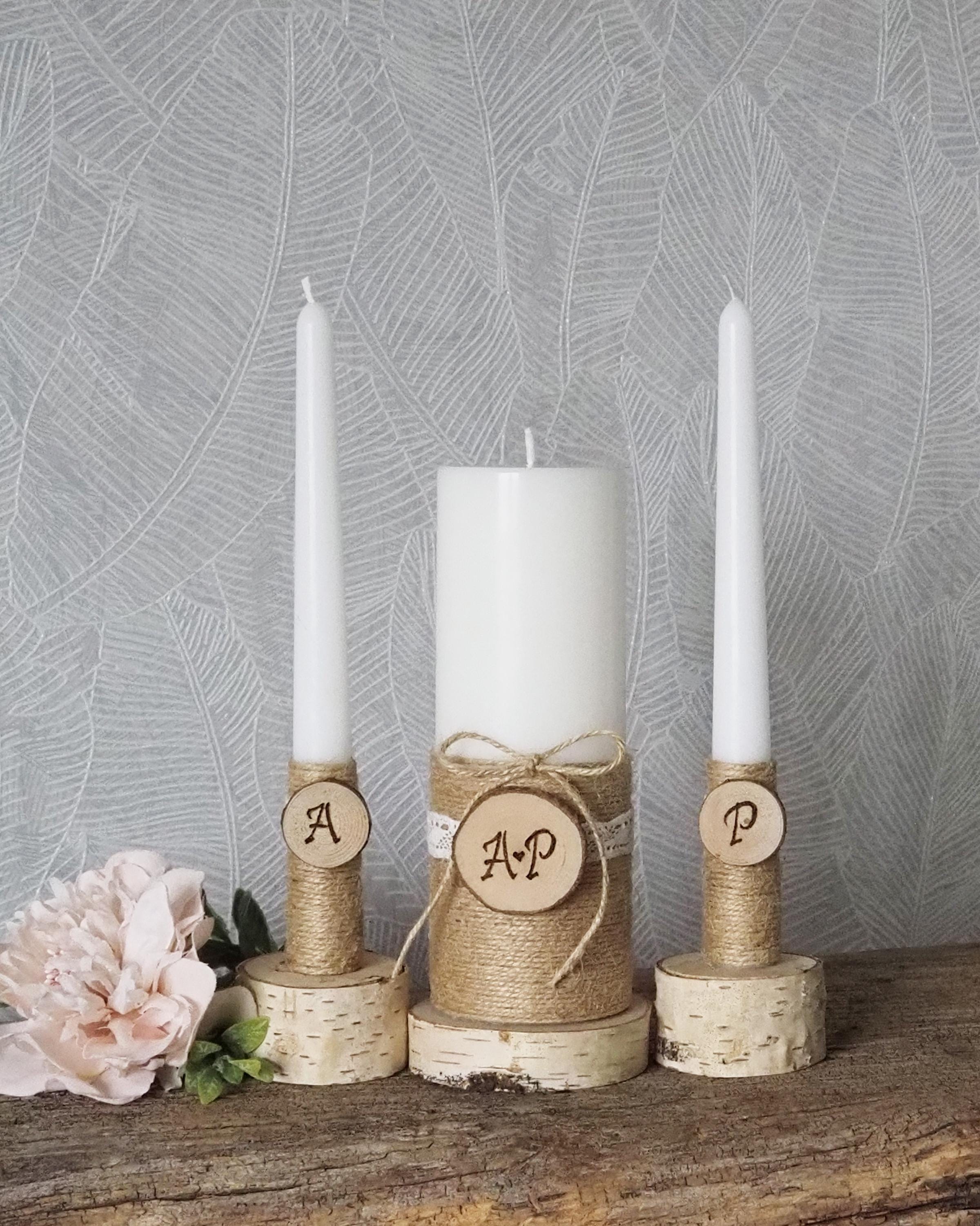 Personalized Rustic Unity Candle Set: Twine & Wood Slice Initials - Etsy
