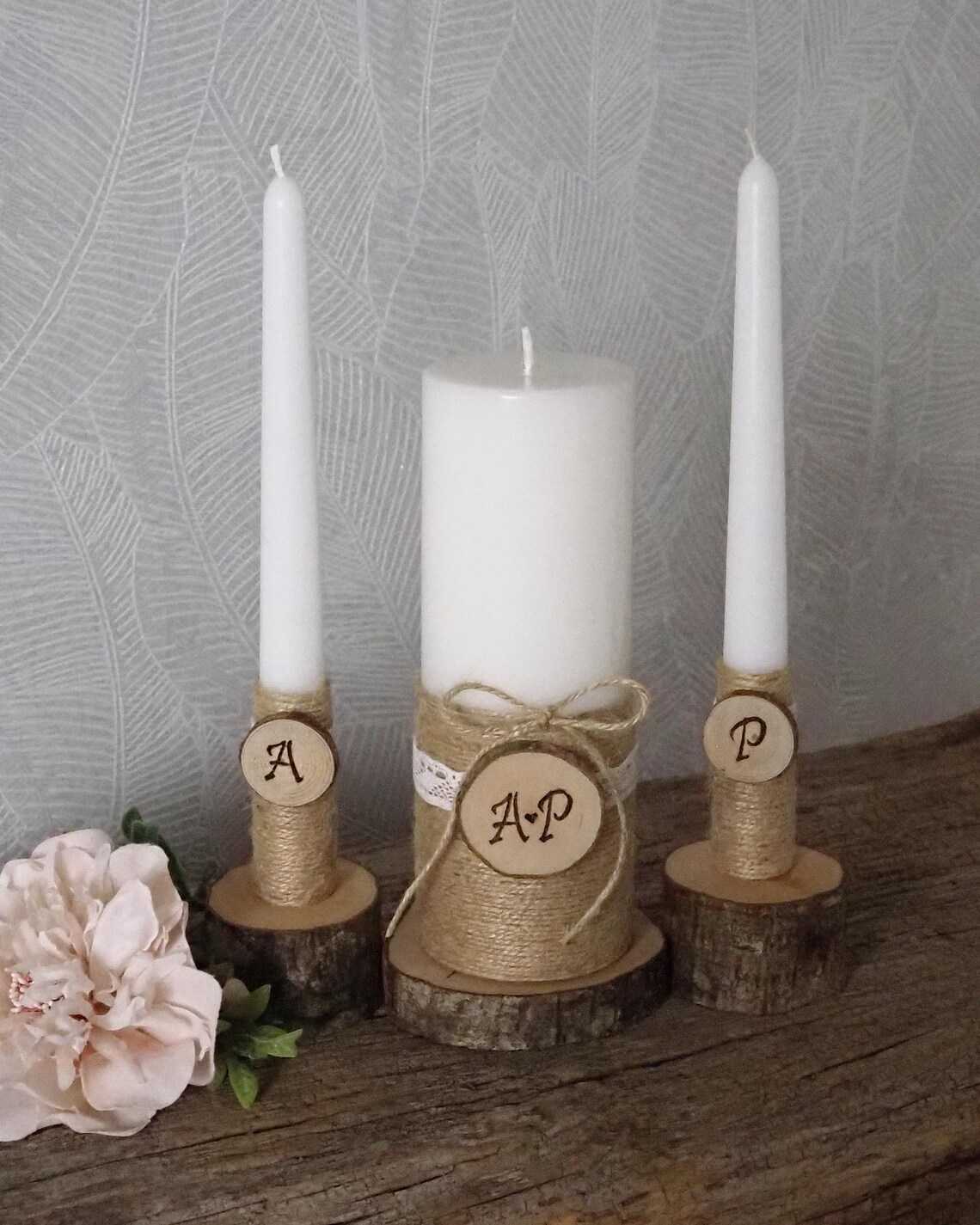 Personalized Rustic Unity Candle Set: Twine & Wood Slice Initials - Etsy