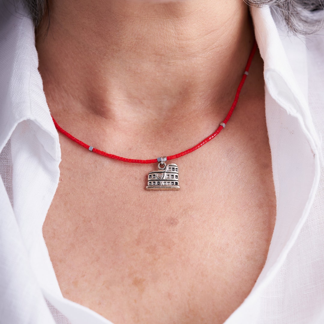 Red Seed Bead Necklace: Roman Colosseum Pendant, Tibetan Silver - Etsy