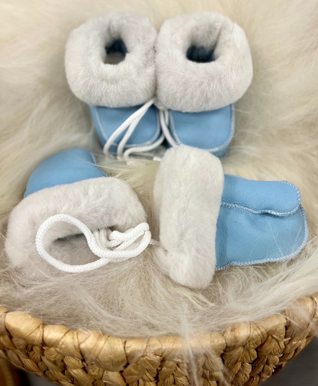 Icelandic Blue Baby Boy Booties/mittens - Natural Sheepskin Leather ...